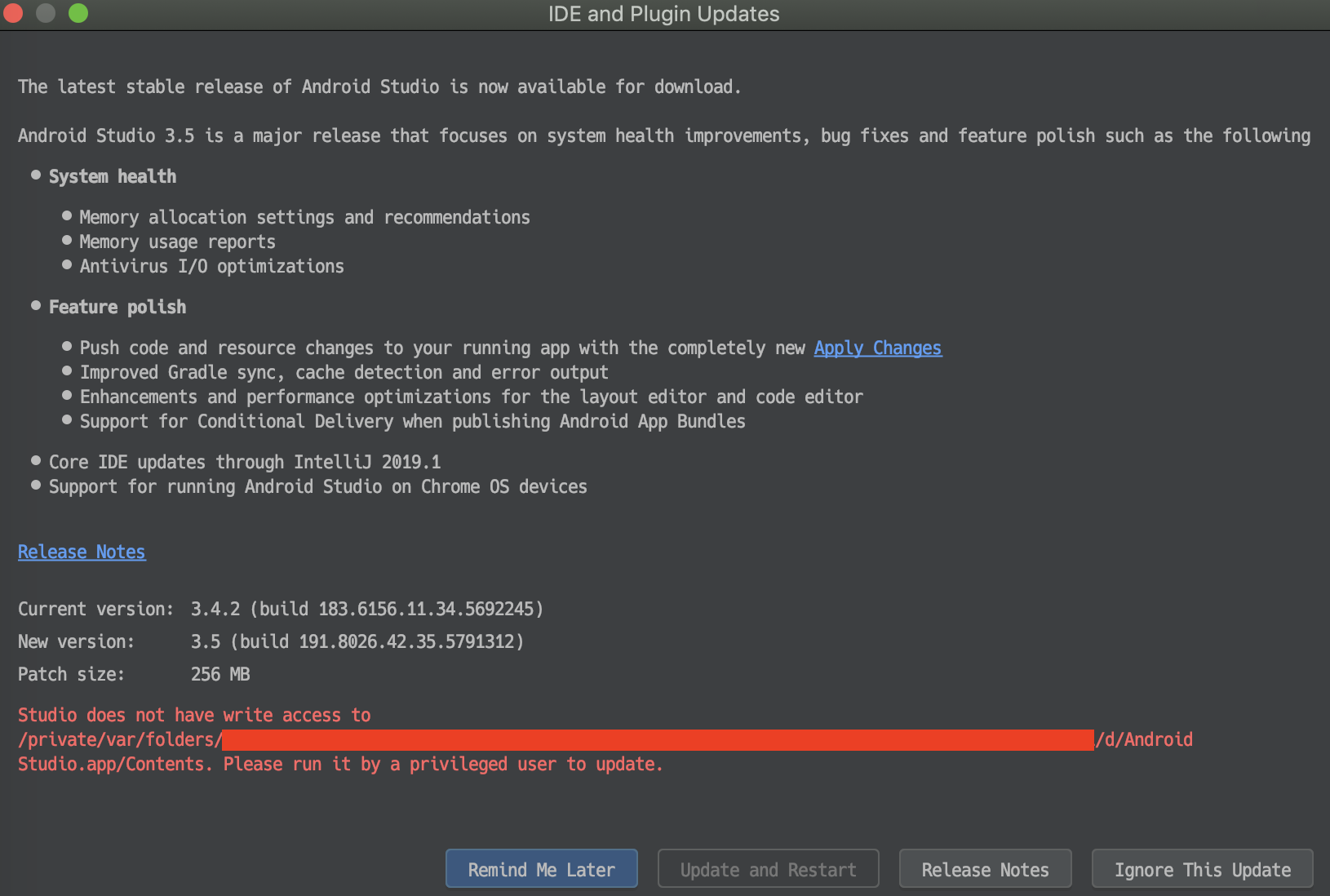 Studio does not have write access to /private/var/folders/Android Studio.app/Contents. Please ...
