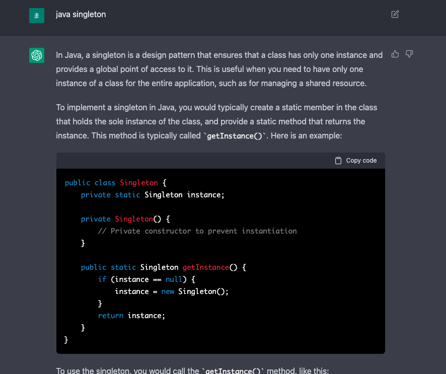 ChatGPT で調べる Singleton Pattern